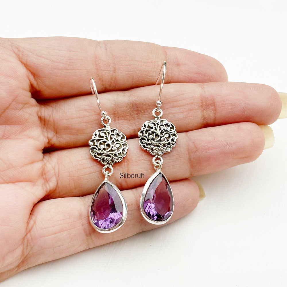 Amethyst Filigree Drop Silver Earring – SILBERUH