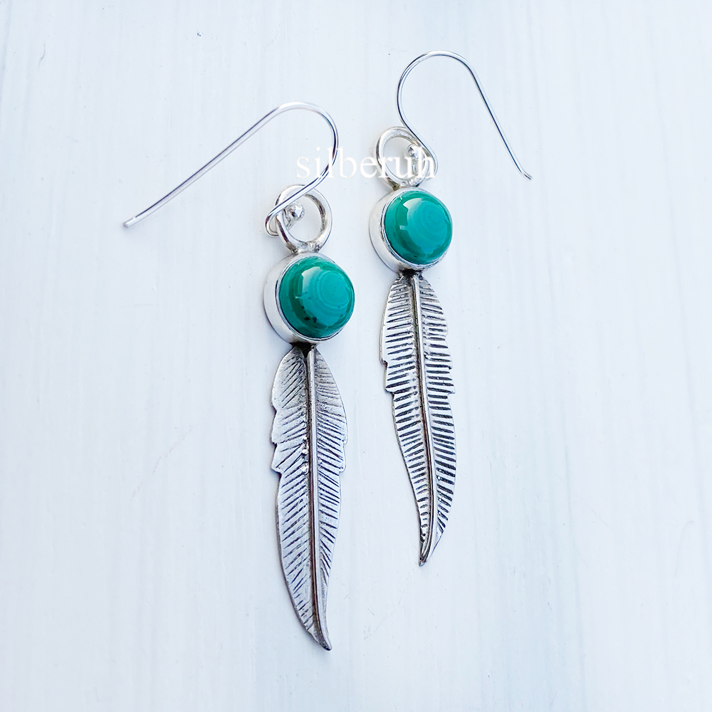 Malachite Feather Silver Earring – SILBERUH