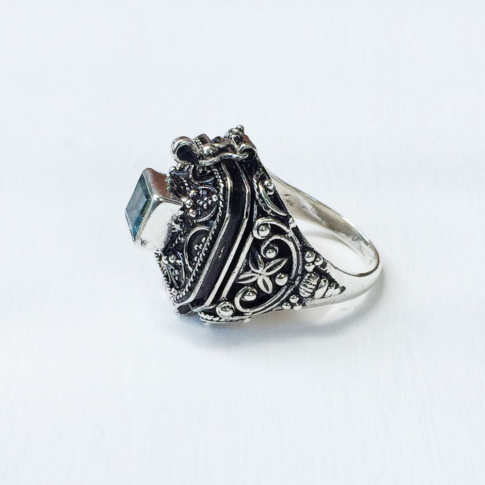 Blue Topaz Square Poison Box Silver Ring – SILBERUH