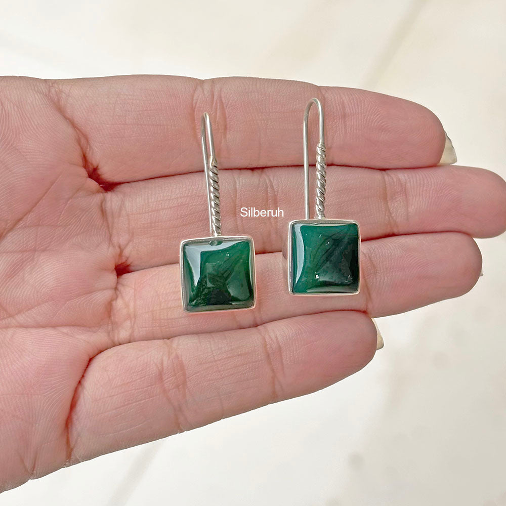 Green Onyx Square Fixed Hook Silver Earring – SILBERUH