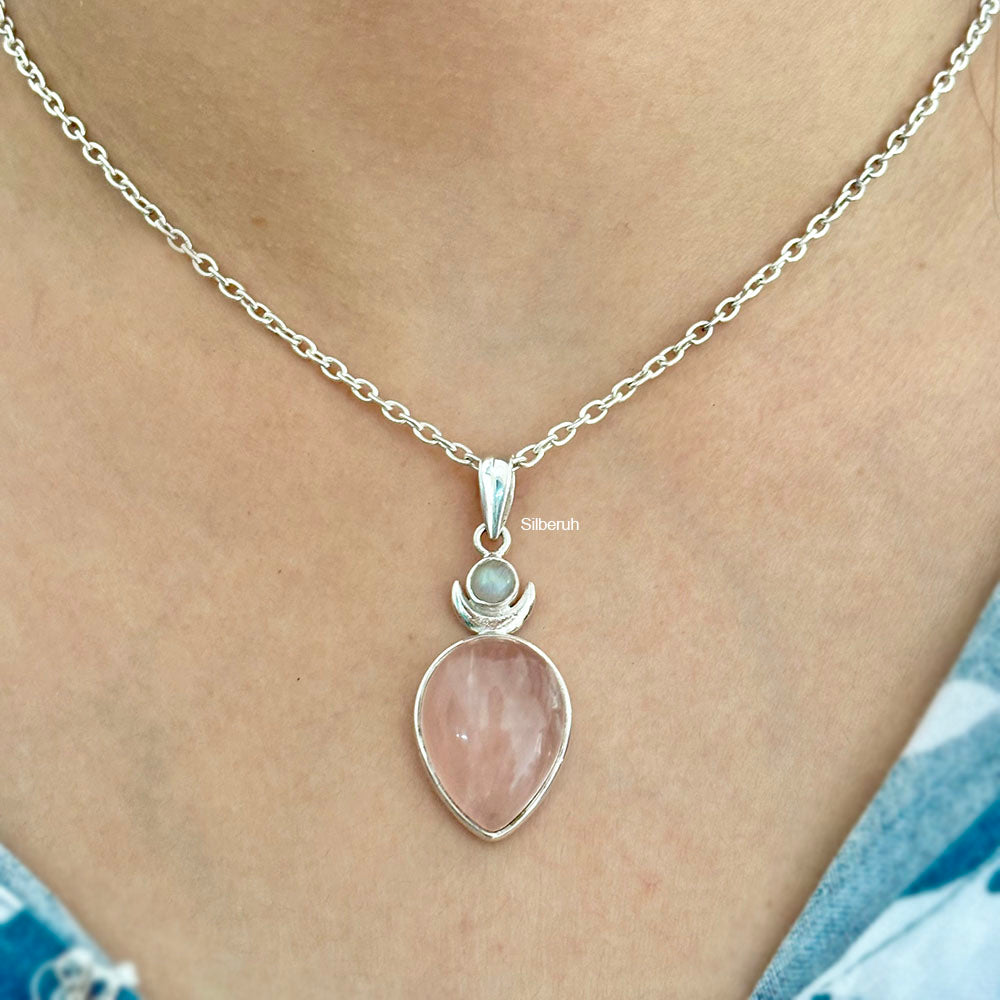 Rose Quartz & Rainbow Moonstone Silver Pendant – SILBERUH